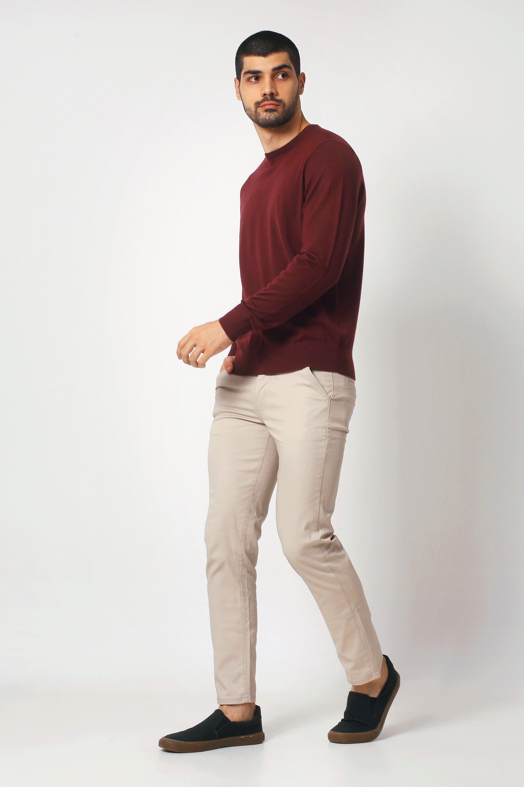 Merino Wool Crew Neck Sweater - Burgundy