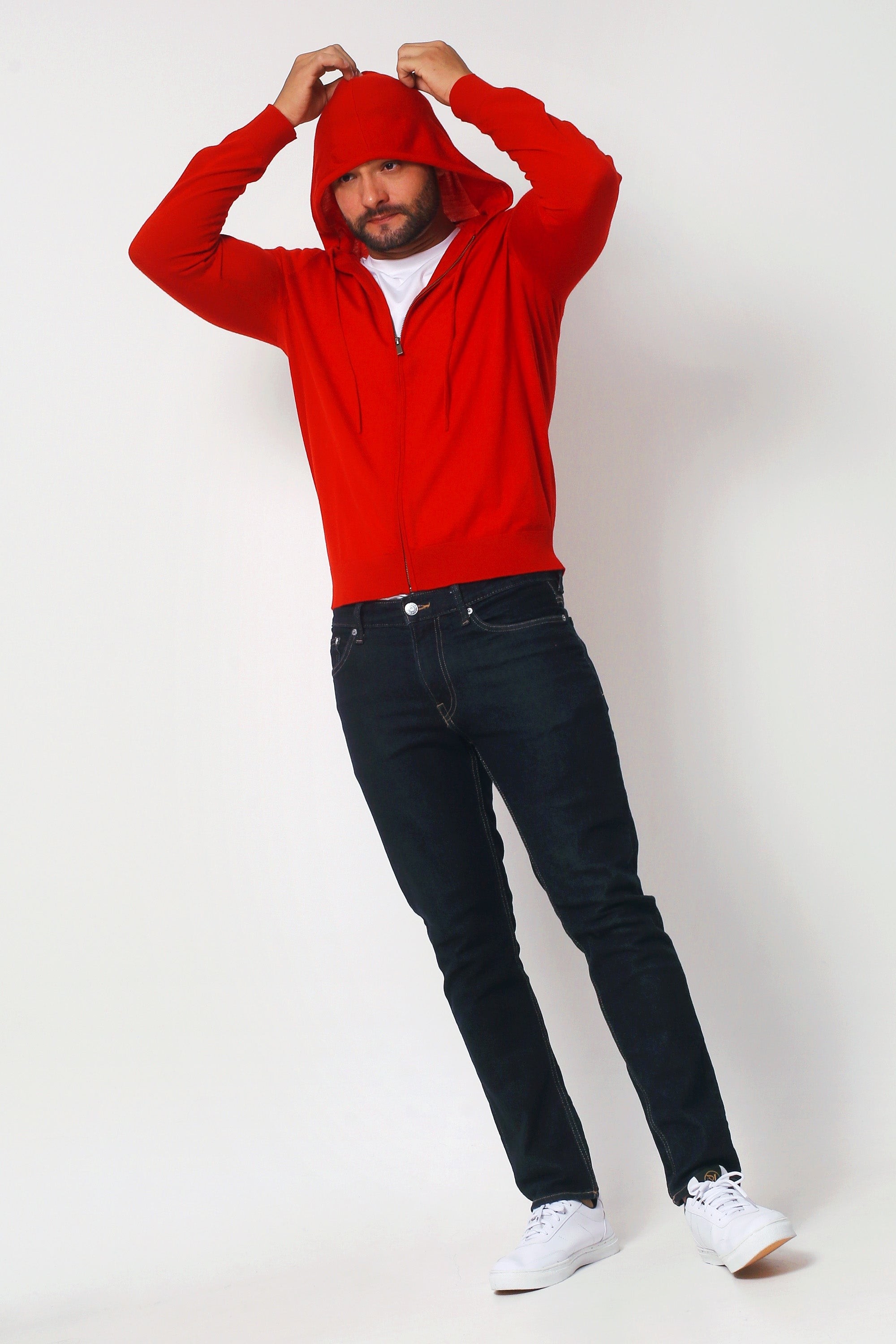 Merino Wool Full Zip Hoodie Sweater - Red