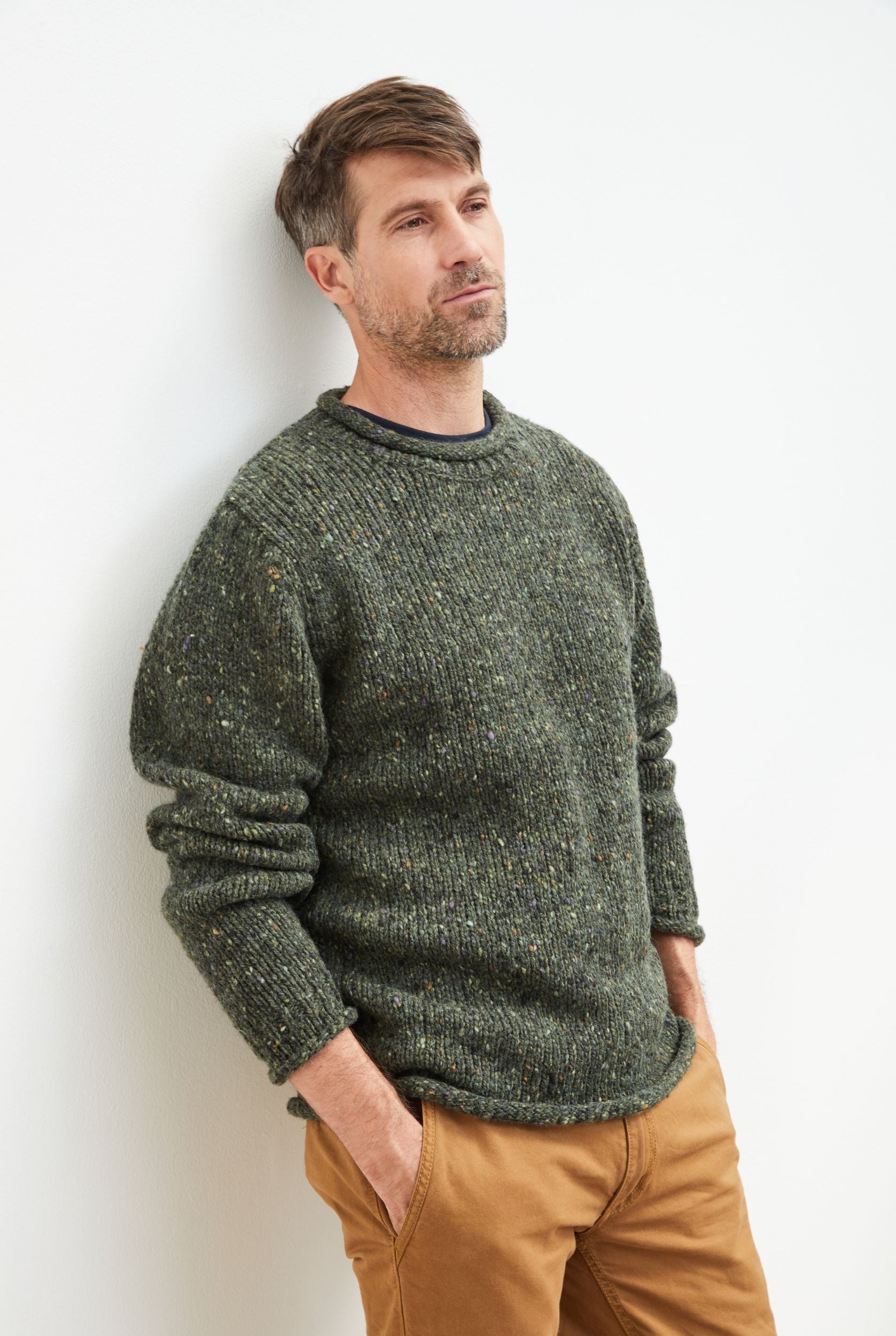 Raheen Tweed Roll Neck Mens Merino Wool Sweater - Green
