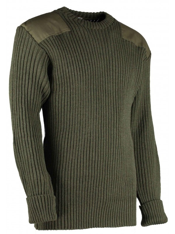 British Wool: York Crew Neck British Wool Sweater with Patches, Olive