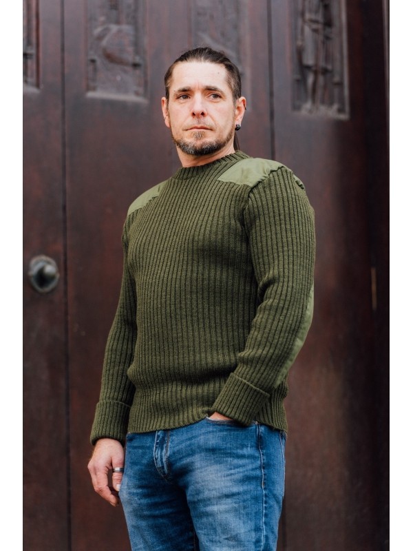 British Wool: York Crew Neck British Wool Sweater with Patches, Olive